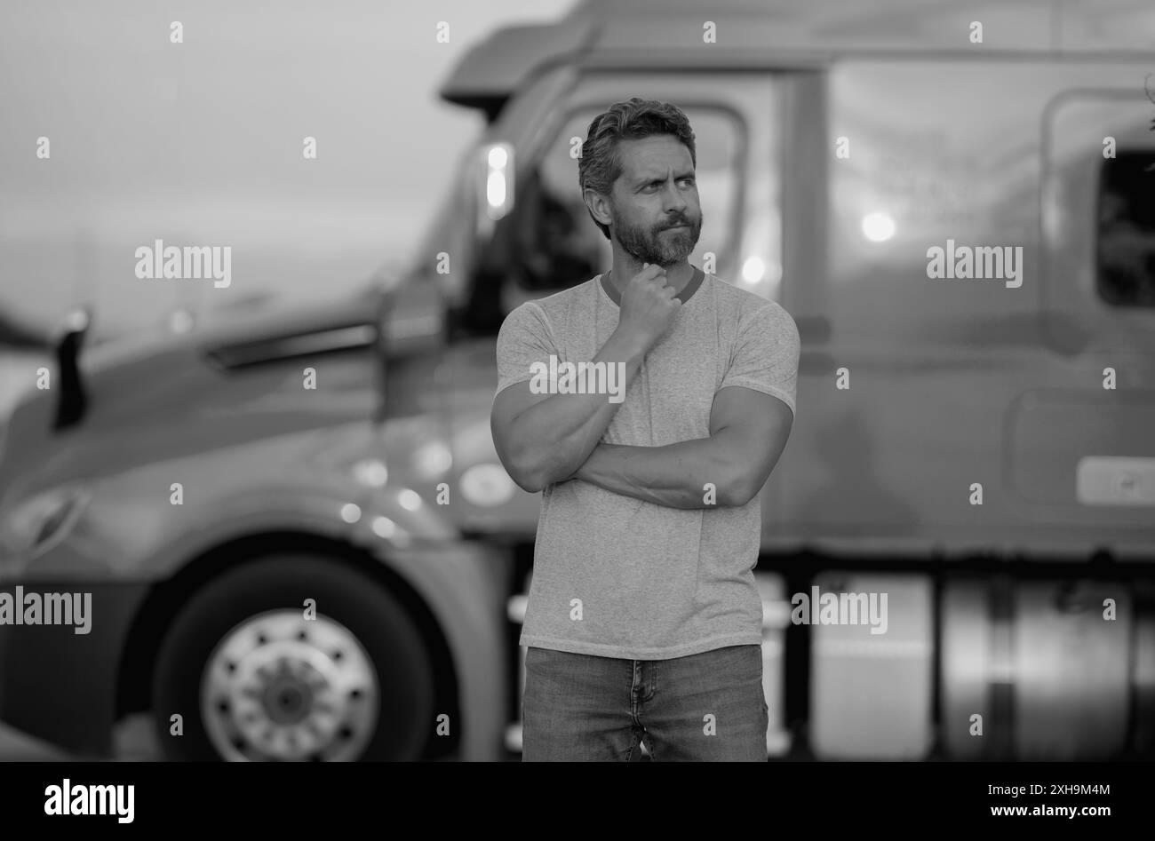 Men driver near lorry truck. Man owner truck driver near truck ...