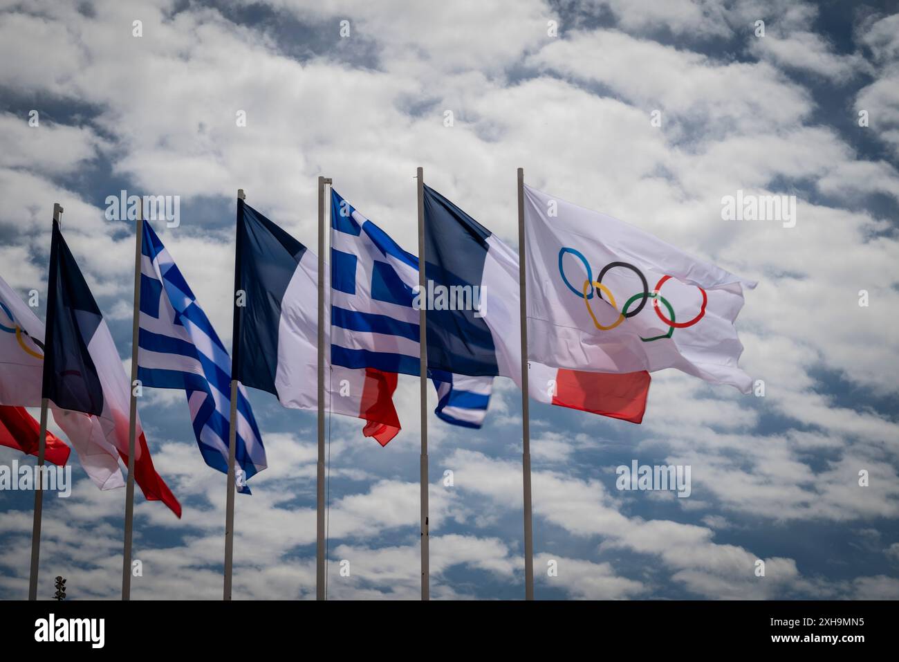 Greek, Olympic Games and French flags at the Panathenaic Stadium ...