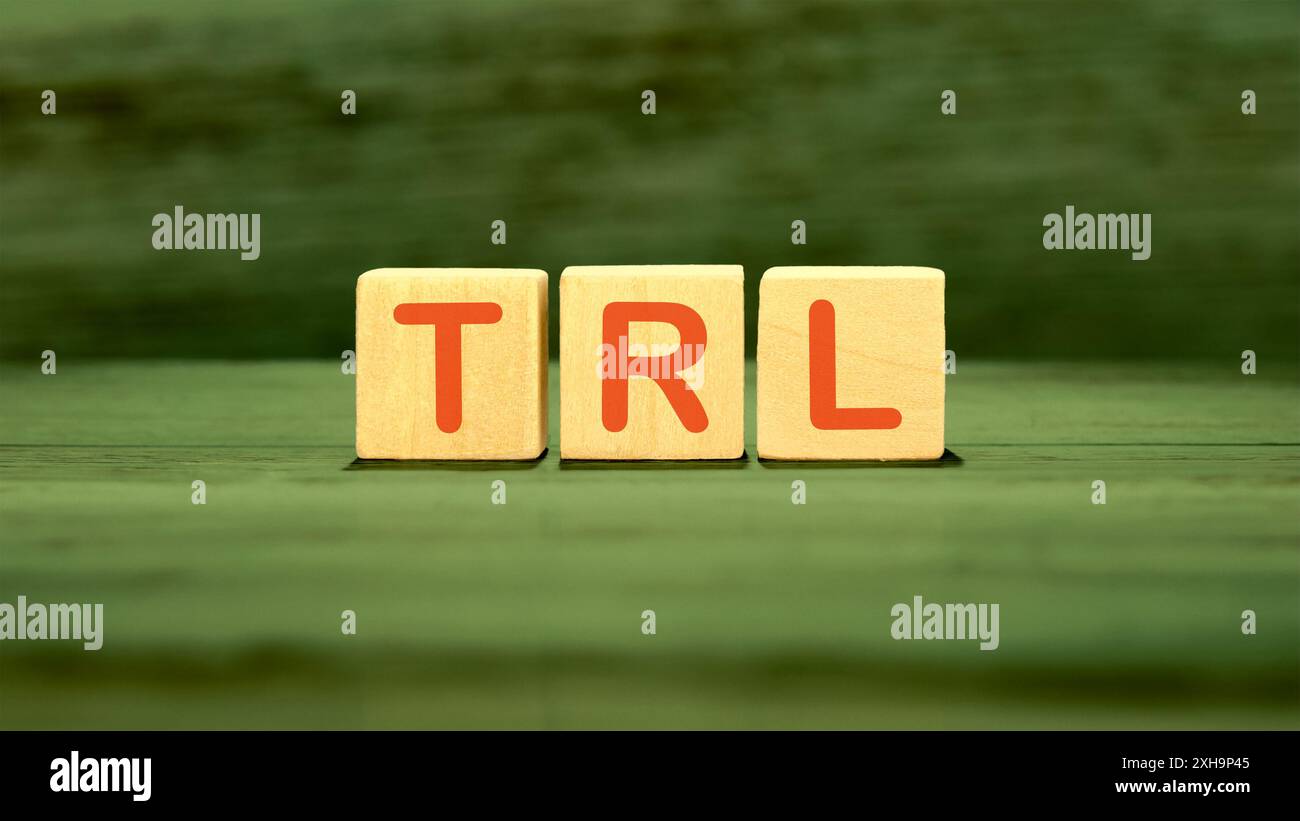 TRL technology readiness level. TRL words assembled from wooden cubes ...