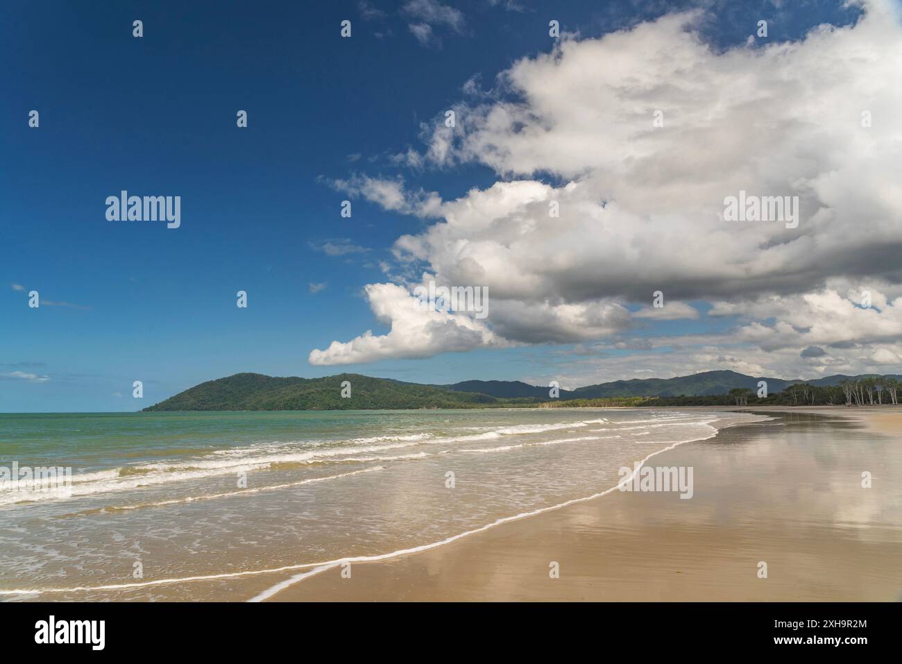 Picturesque tropical golden sandy Thornton Beach in Daintree rainforest ...