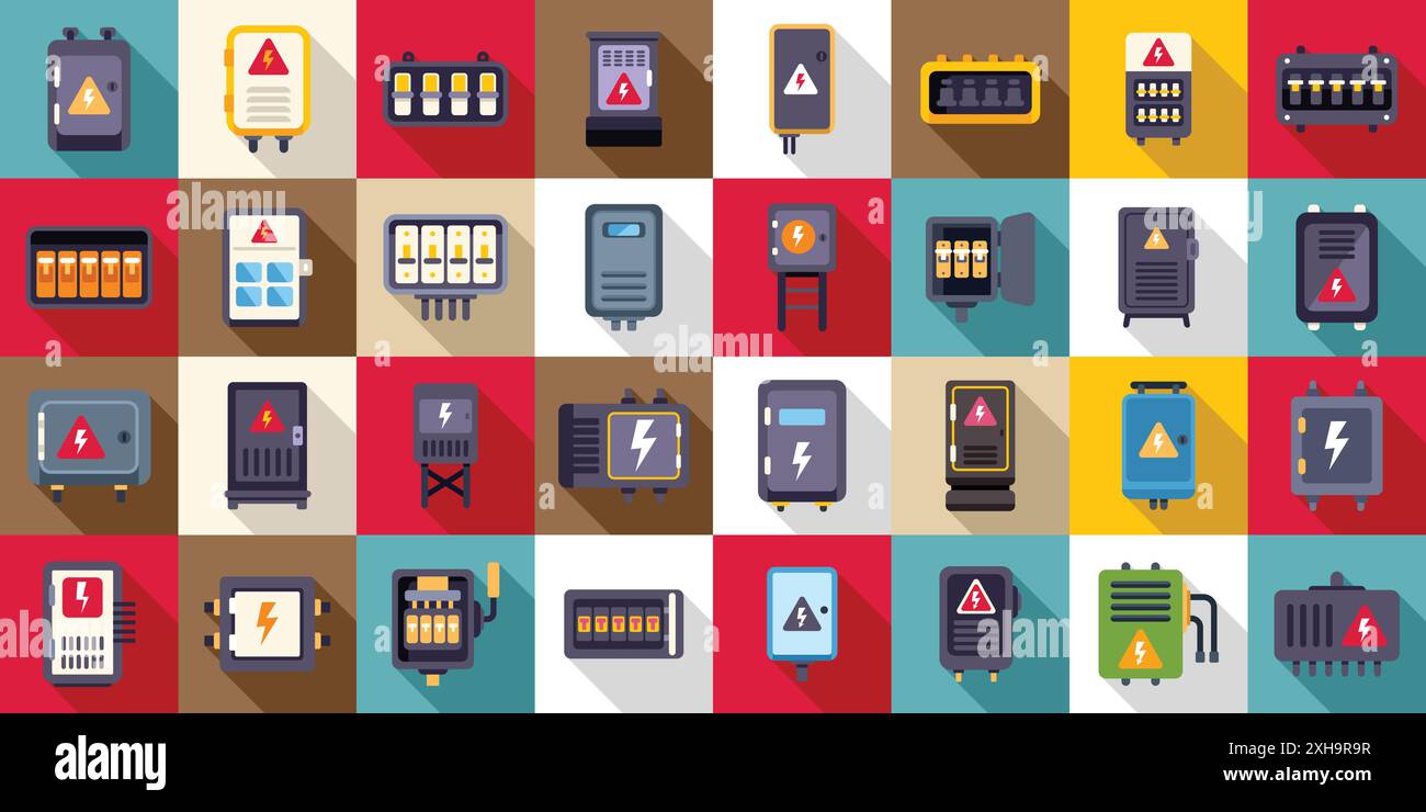 Electric switchboard icons set. Electric switchboard with wires ...