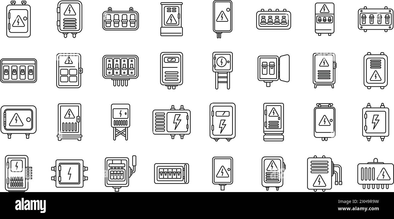 Electric switchboard icons set. Large set of simple electrical cabinet ...