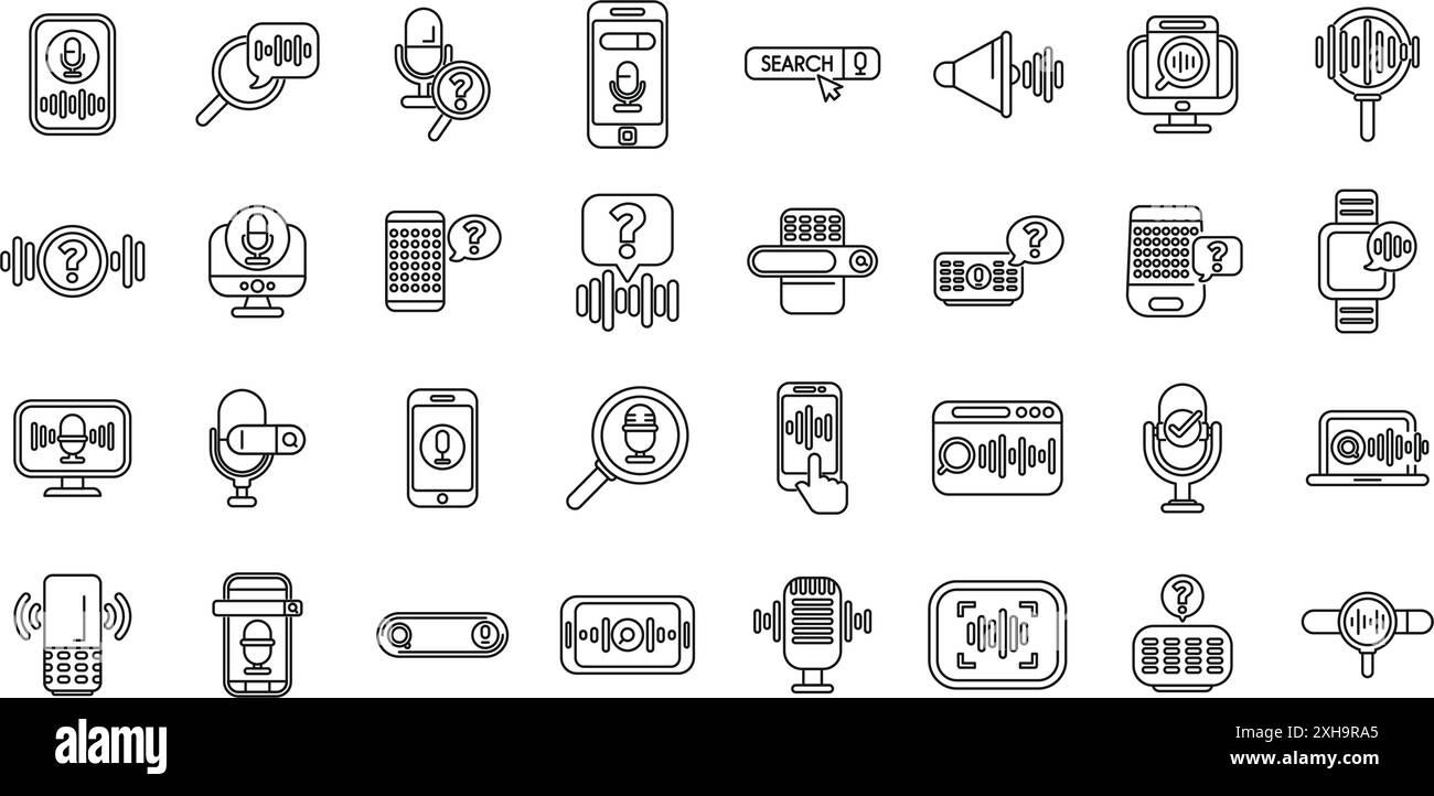 Voice search icons set. Voice recognition icons set, voice control ...