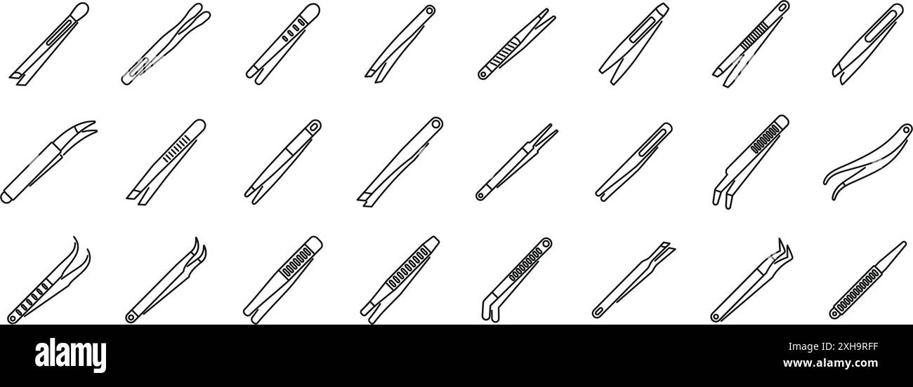 Tweezers icons set. Set of simple tweezers icons showing tweezers for ...