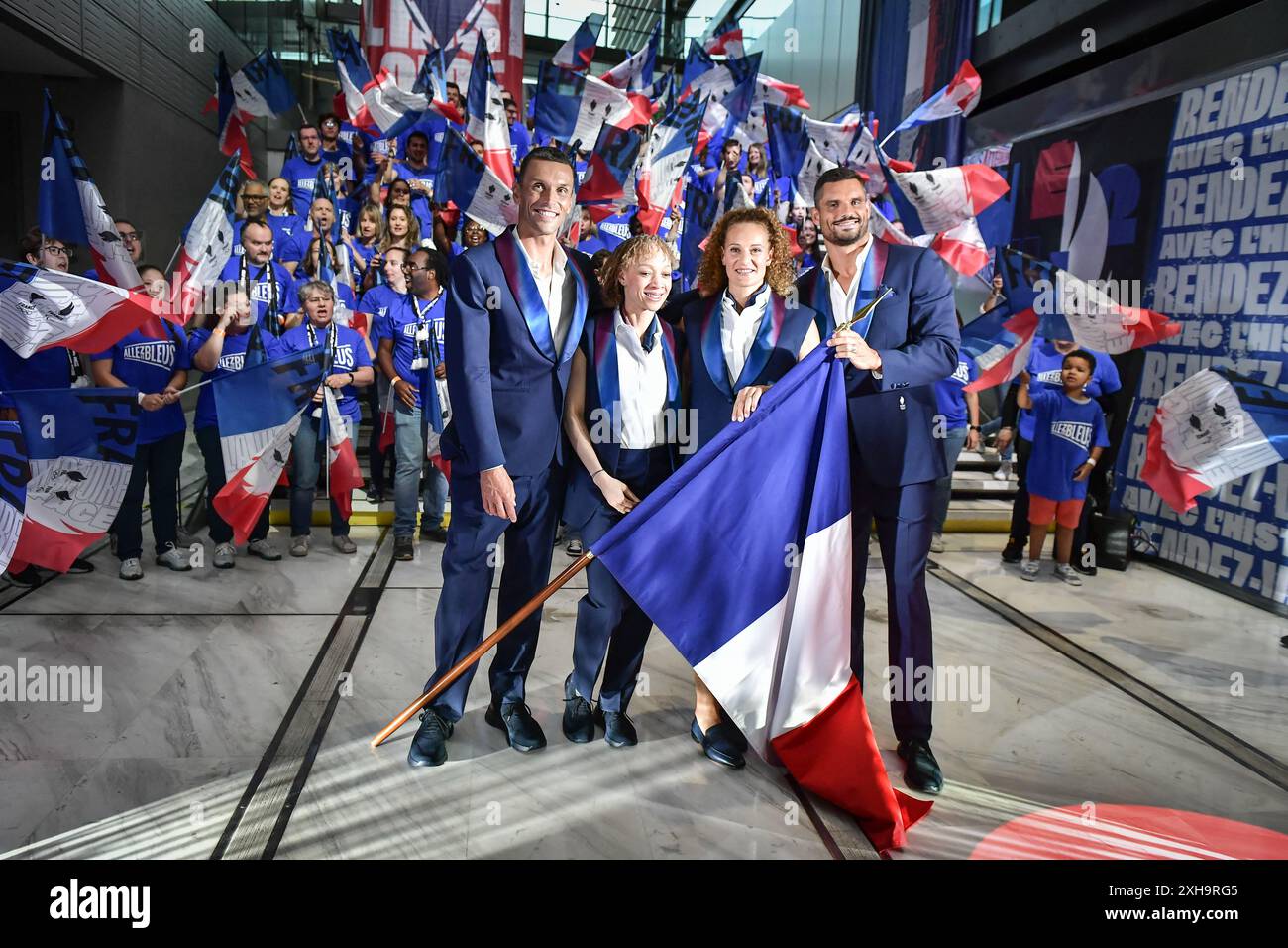 Paris, France. 12th July, 2024. French athletes (L to R) Alexis ...