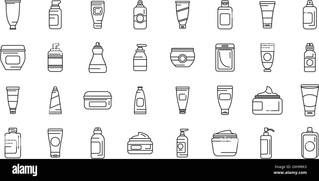 Foot Cream icons set. Line art icons of various cosmetic packaging ...