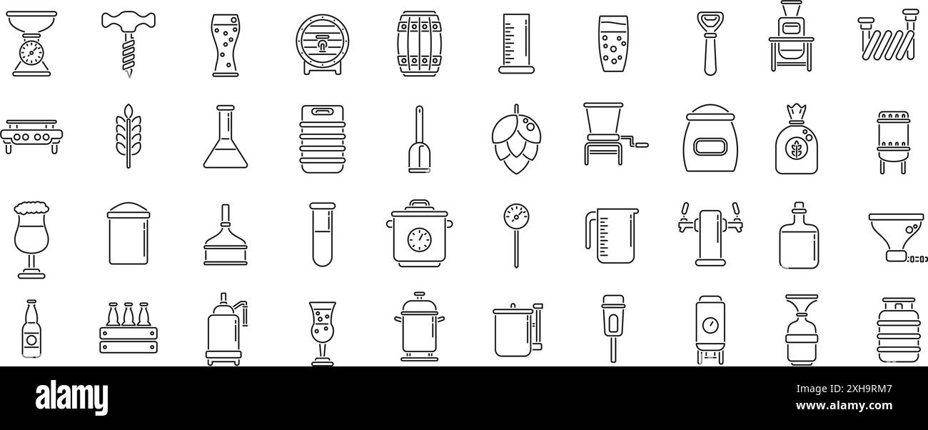 Home brewing icons set. Line icons showing the brewing process for beer ...