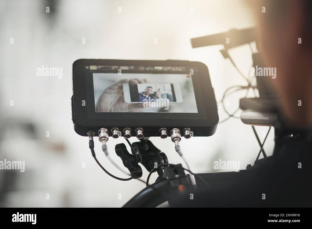 Screen, recording and person with videography in shooting for selfie ...