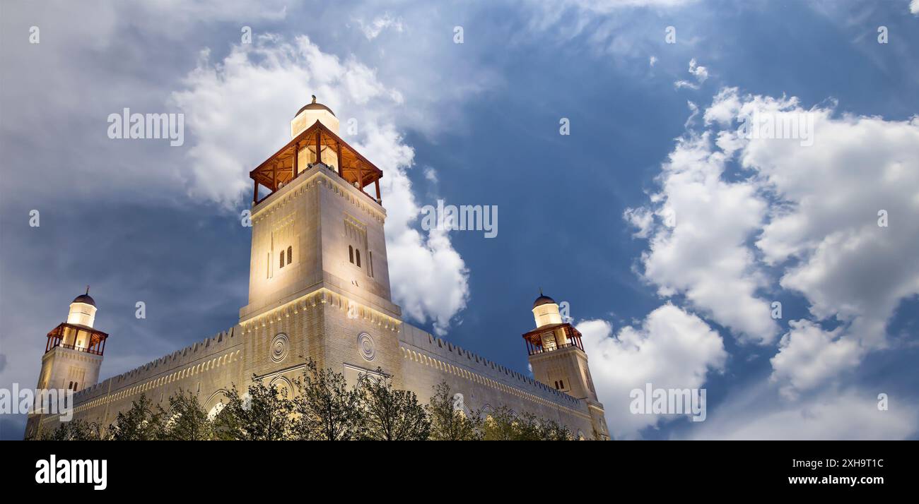 King Hussein Bin Talal mosque in Amman (at night), Jordan. Against the ...