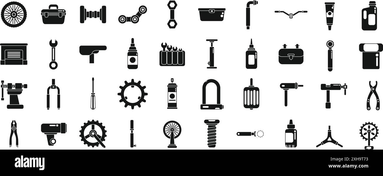Bicycle repair and maintenance shop icons set. Set of black icons ...