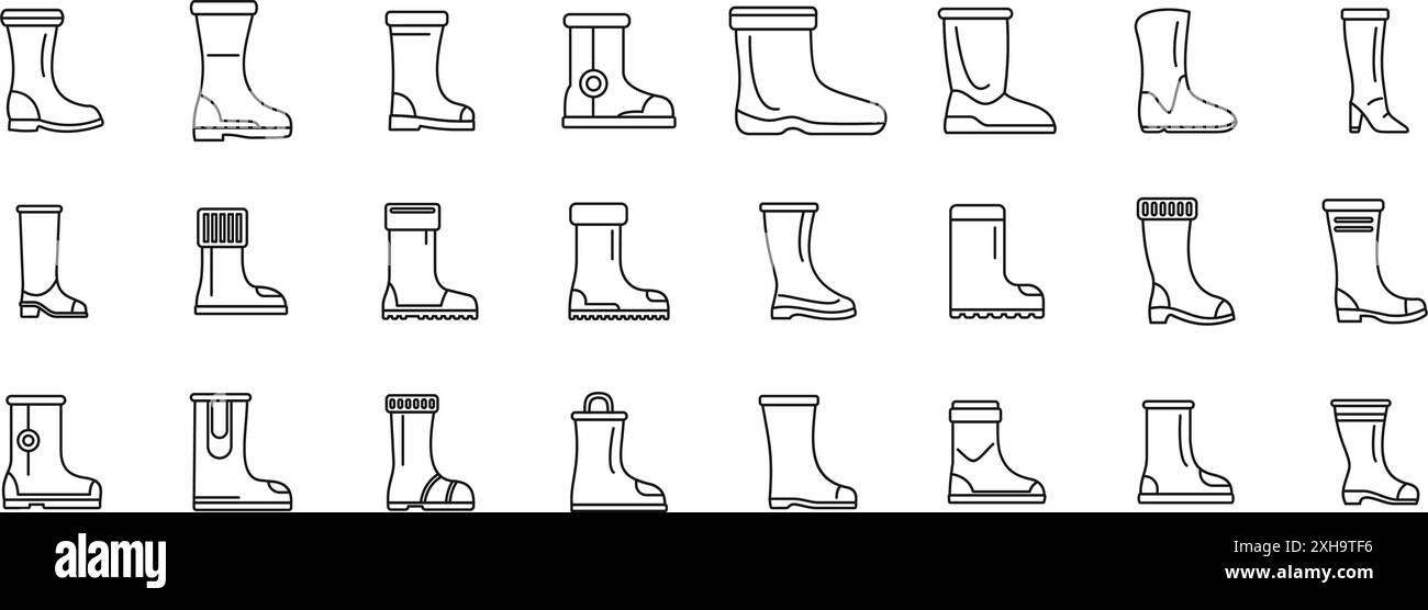 Boots icons set. Large set of waterproof boots icons showing different ...