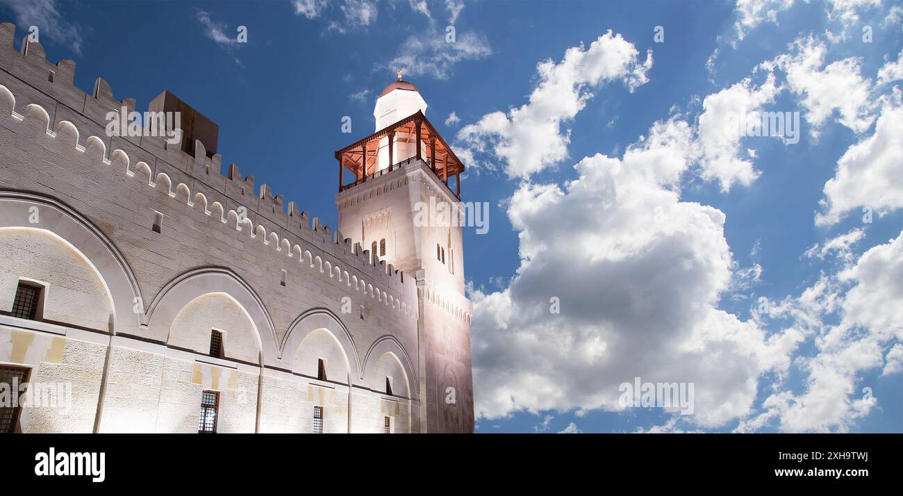 King Hussein Bin Talal mosque in Amman (at night), Jordan. Against the ...