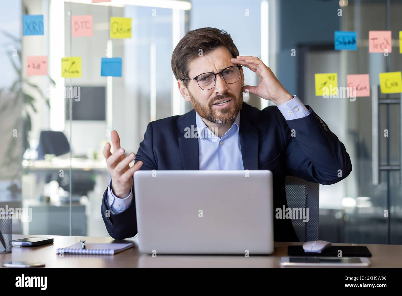 Portrait of upset worried businessman, suffering man in business suit ...