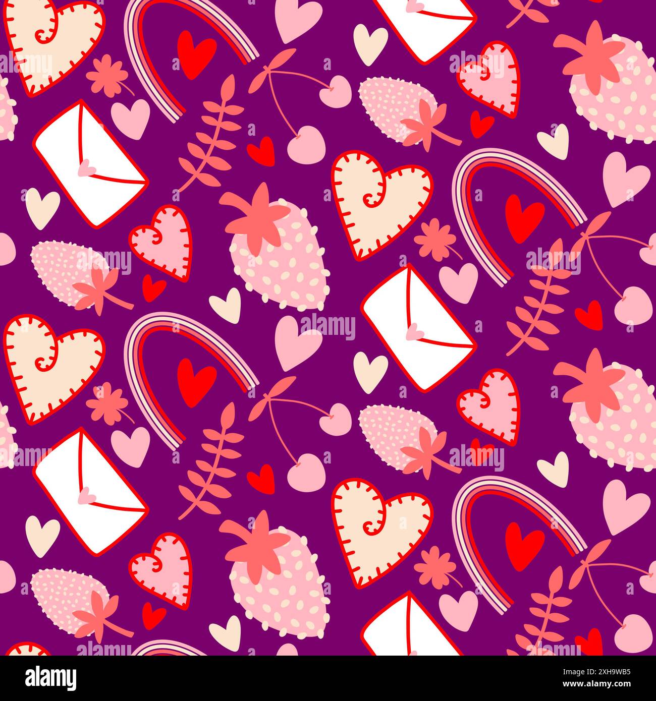 Cartoon doodle seamless cherry and strawberry and letters and rainbow ...