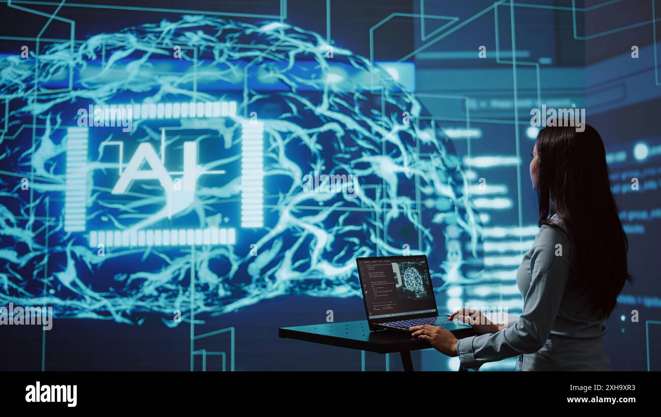 AI computer scientist using laptop for business data analysis in high ...