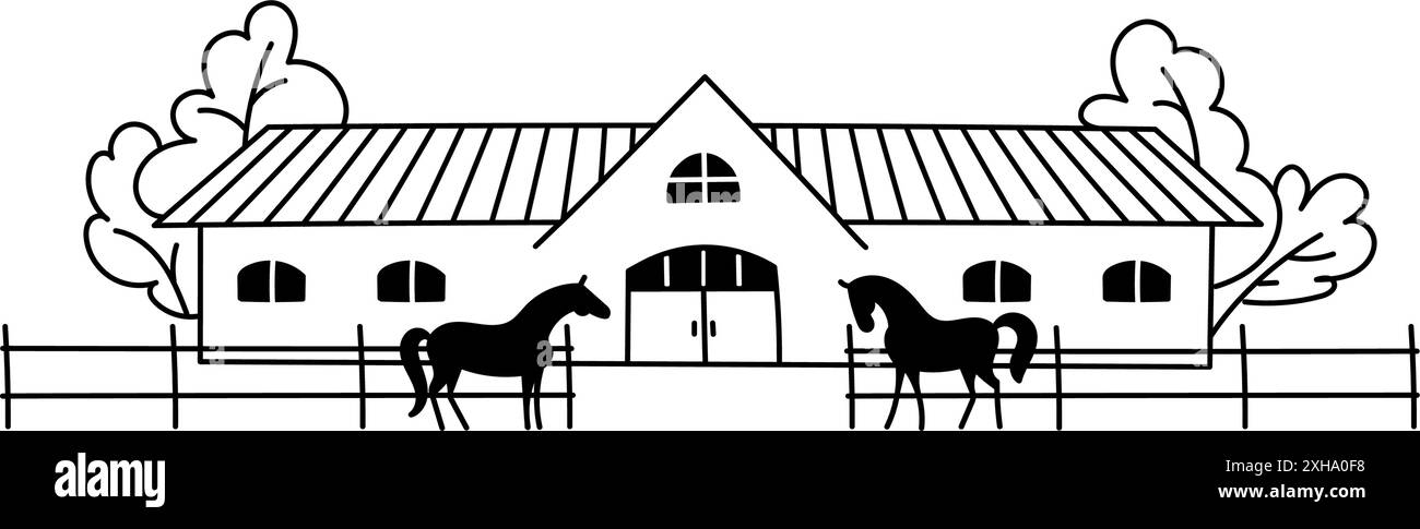 Horse farm. Vector flat illustration. Vector illustration Stock Vector ...