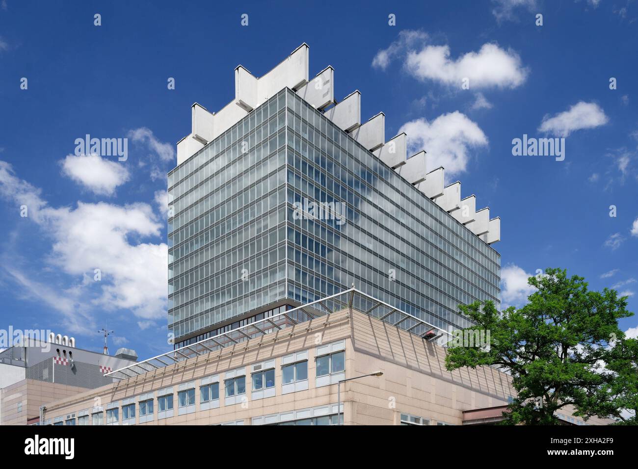 Ward building of the University Hospital Cologne in front of a blue sky ...