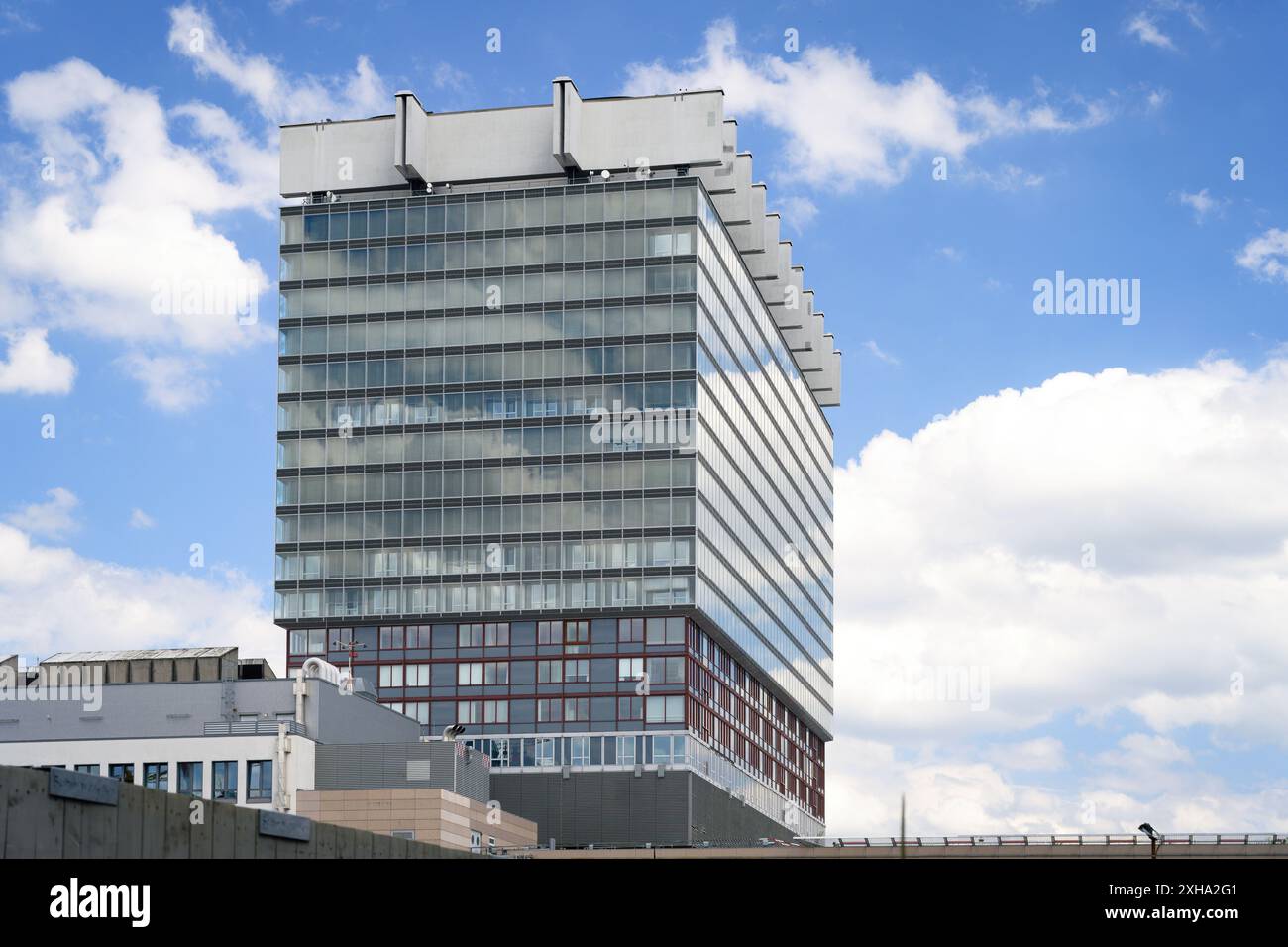 Ward building of the University Hospital Cologne in front of a blue sky ...