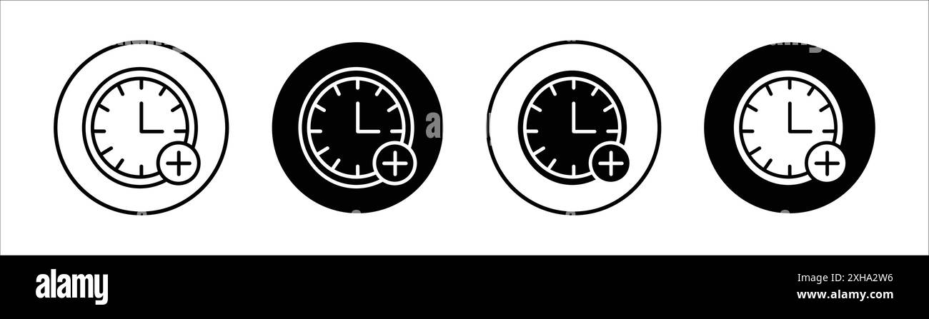 Plus hours icon Vector symbol or sign set collection in black and white ...