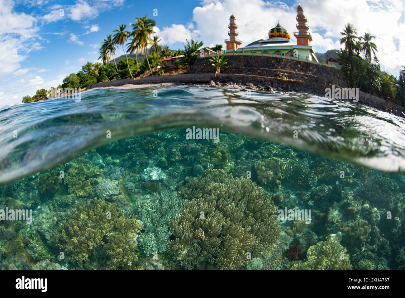 A beautiful mosque, built on the edge of the Pantar Strait in Indonesia ...
