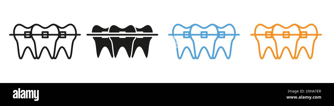 Teeth with braces icon Vector symbol or sign set collection in black ...