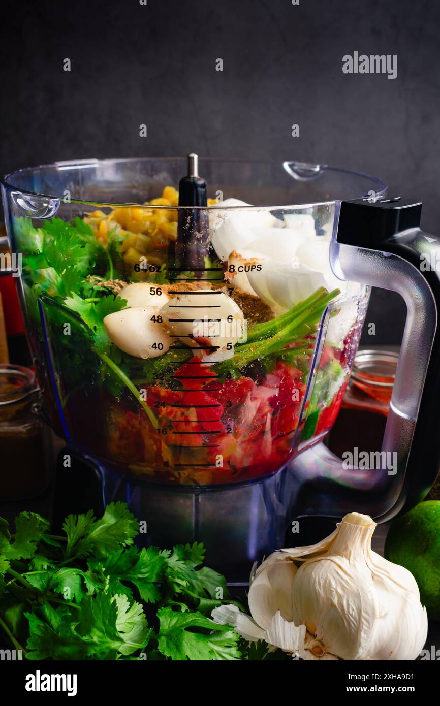 Salsa Ingredients in a Food Processor Before Blending: Chopped onions ...