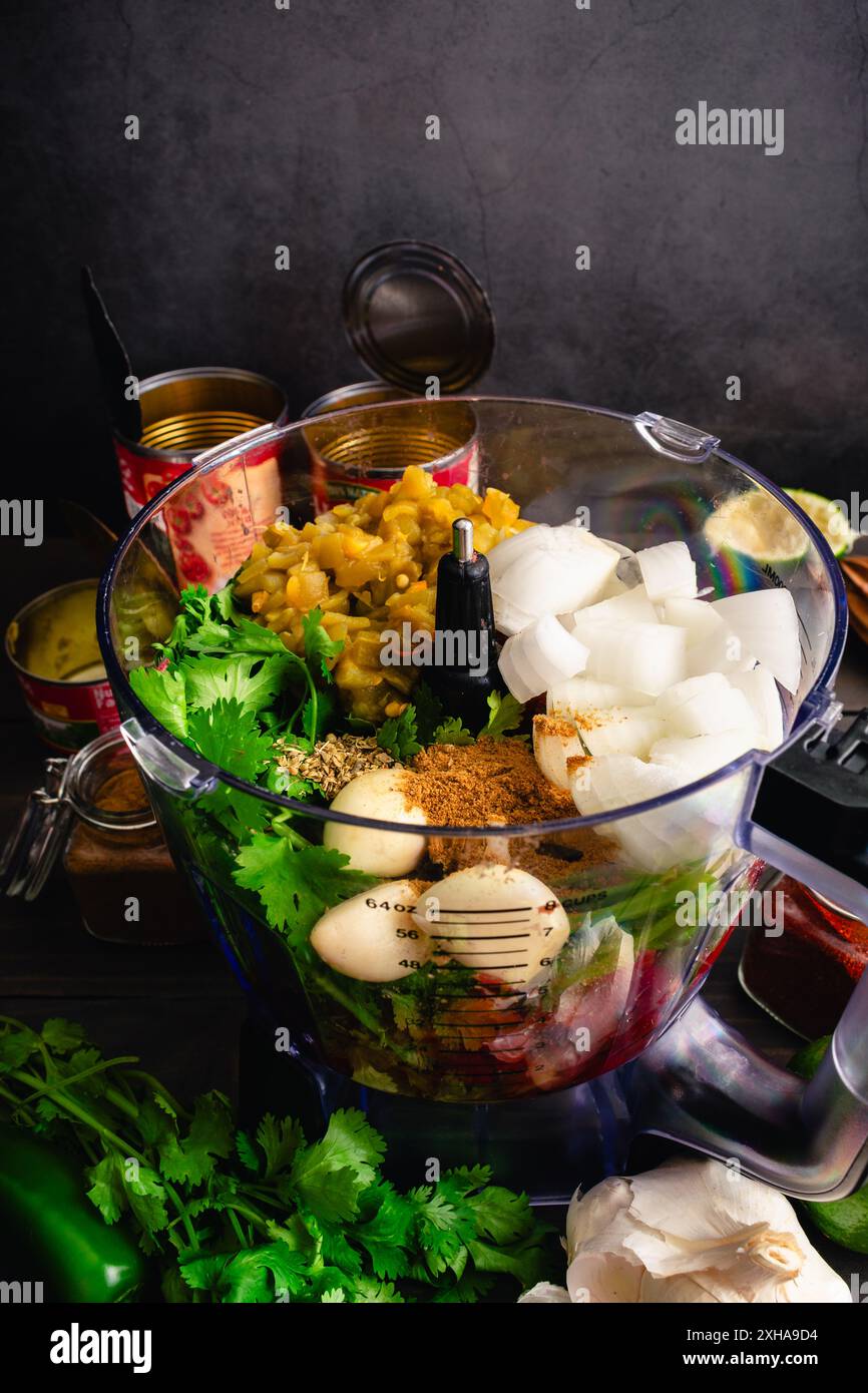 Salsa Ingredients in a Food Processor Before Blending: Chopped onions ...