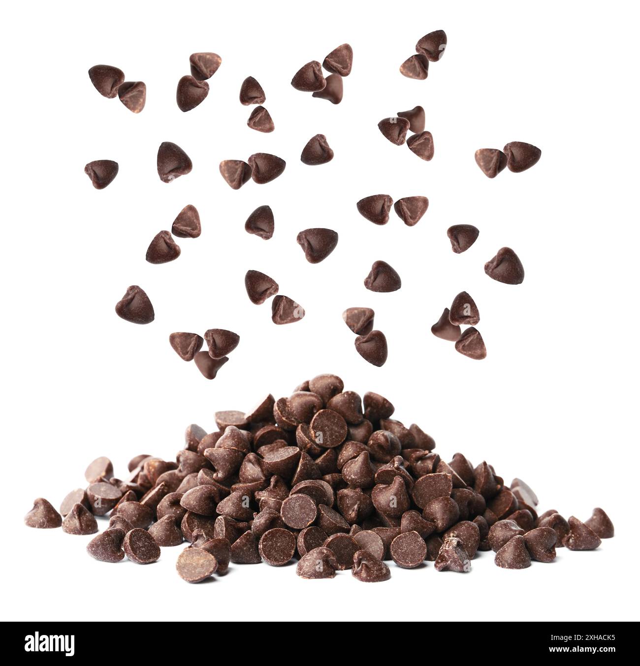 Sweet chocolate chips falling on white background Stock Photo - Alamy