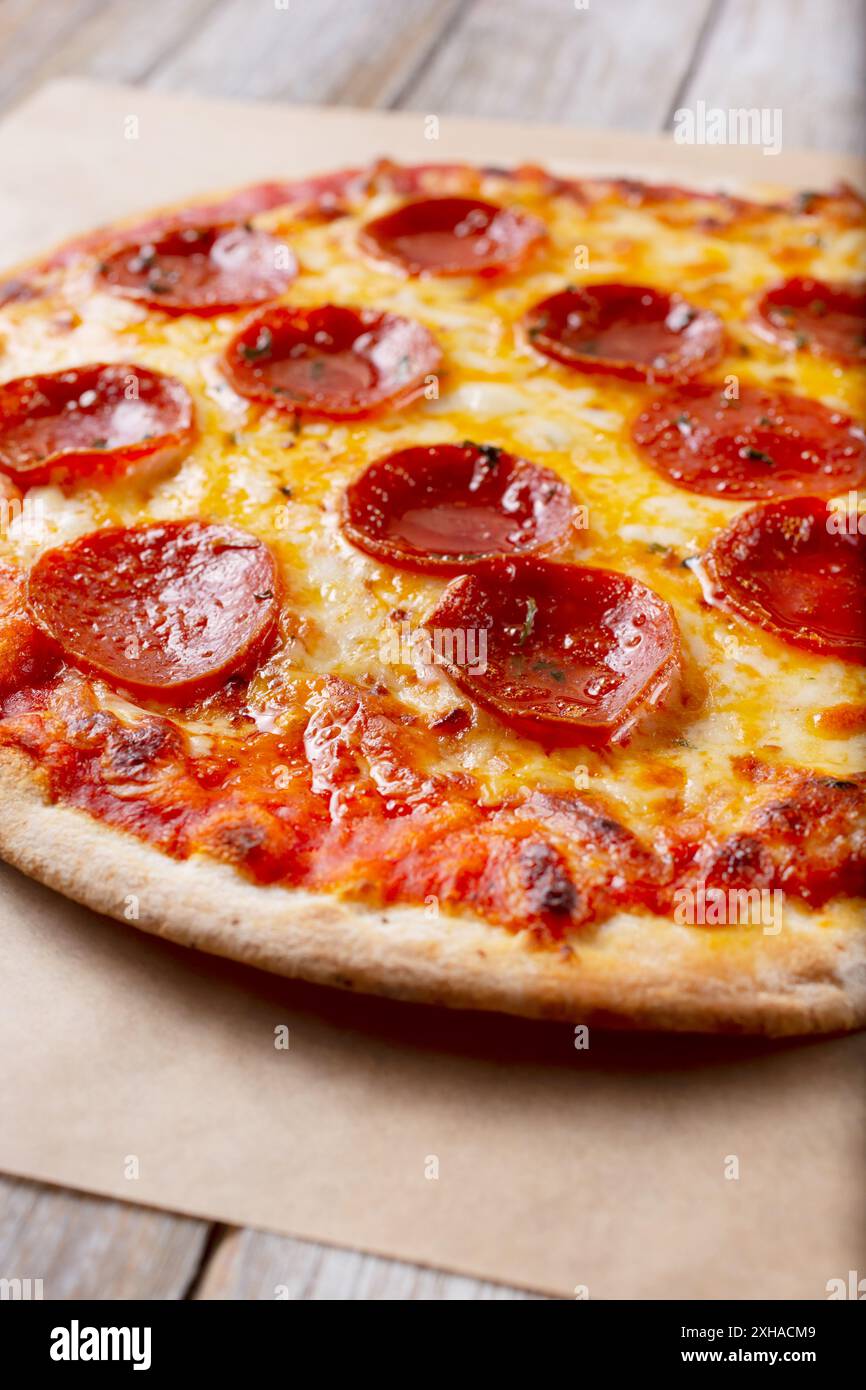 A view of a flatbread pepperoni pizza Stock Photo - Alamy