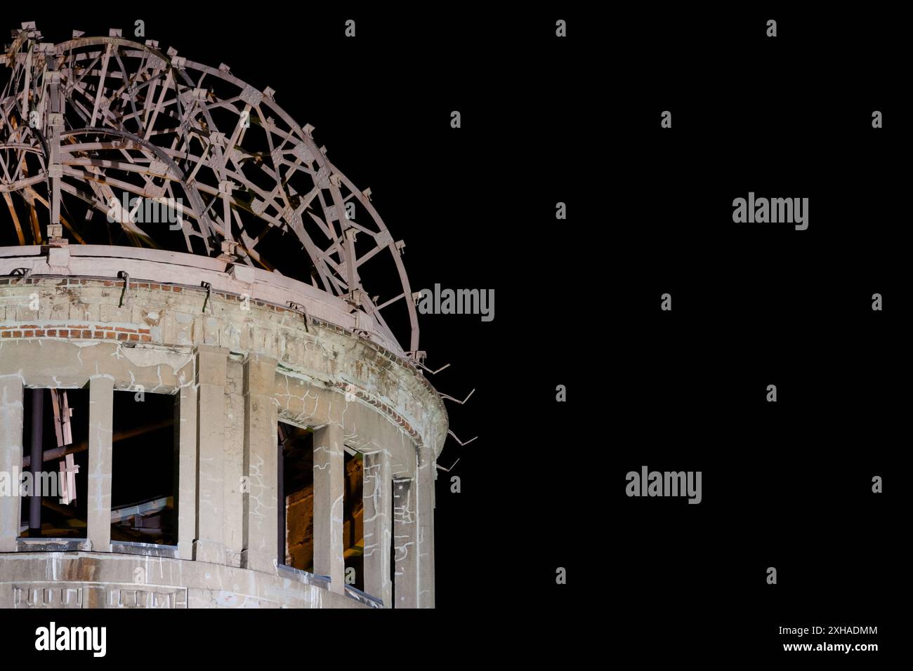 Detail images of the top of the Atomic Bomb dome at night. Hiroshima ...