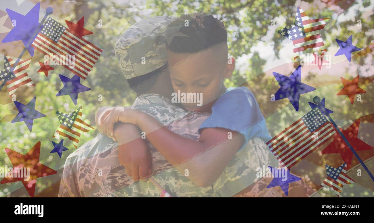 Military parent hugging child, celebrating patriotic homecoming with ...