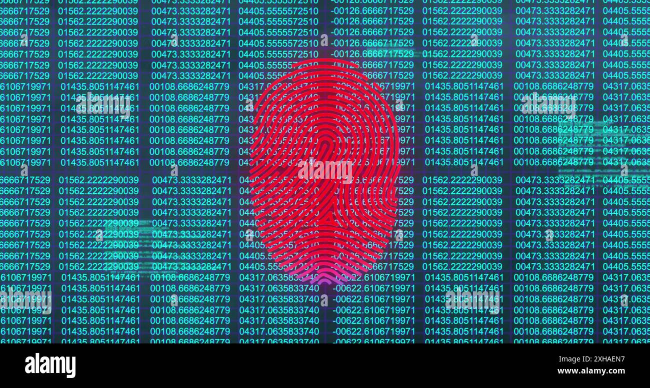 Overlaying binary code, digital fingerprint representing cybersecurity and data protection ...