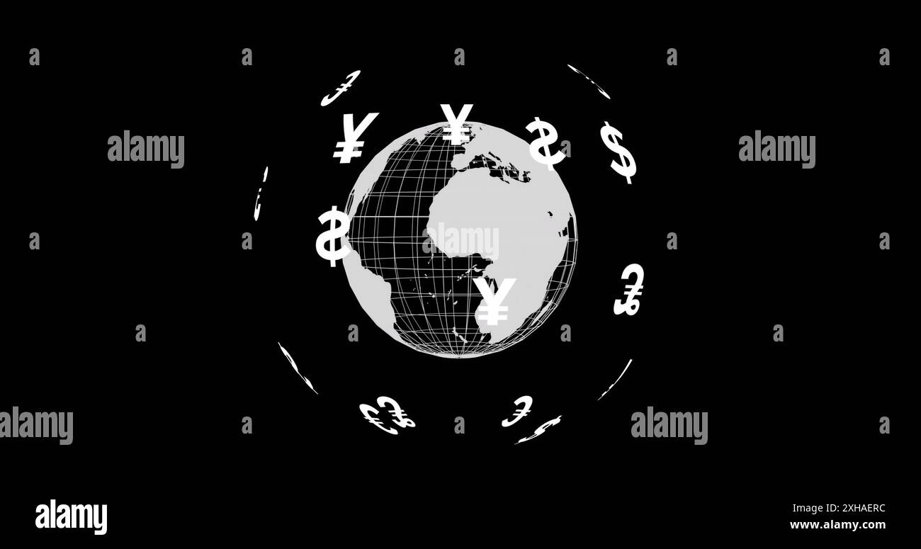 Rotating Earth surrounded by global currency symbols, representing ...
