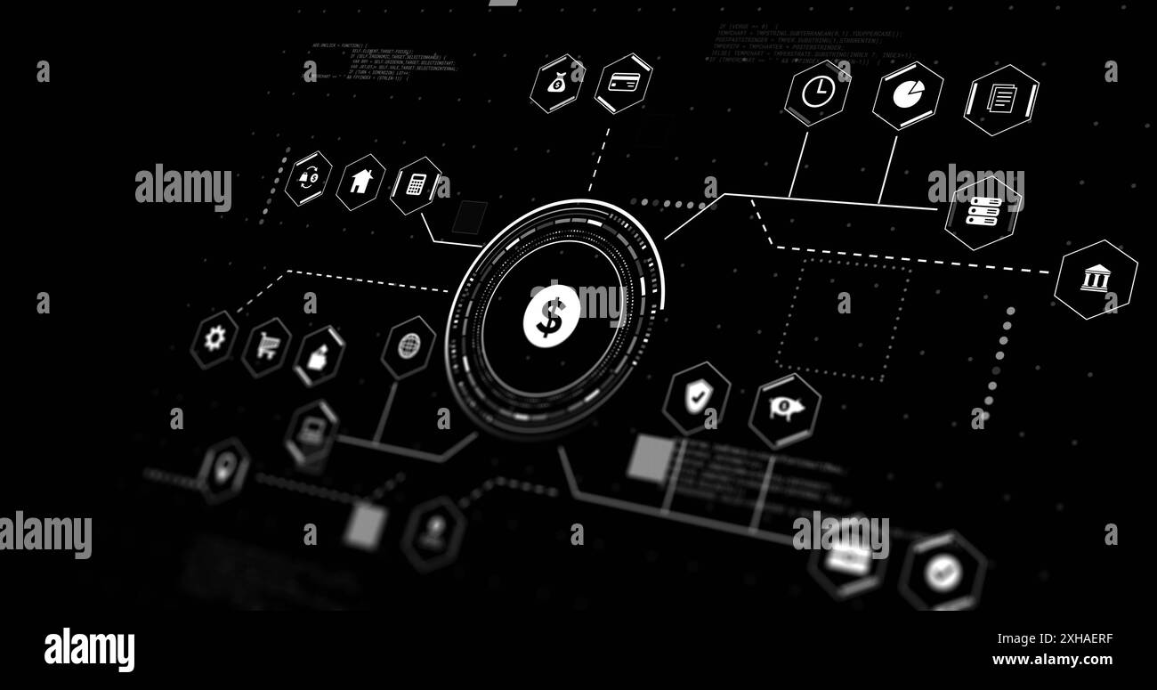 Digital finance network displaying various icons for financial ...
