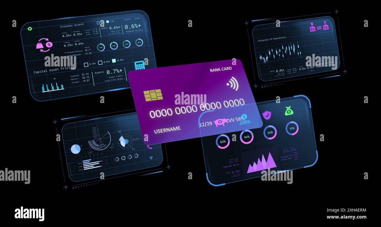 Digital financial charts and graphs surrounding bank card, showcasing ...