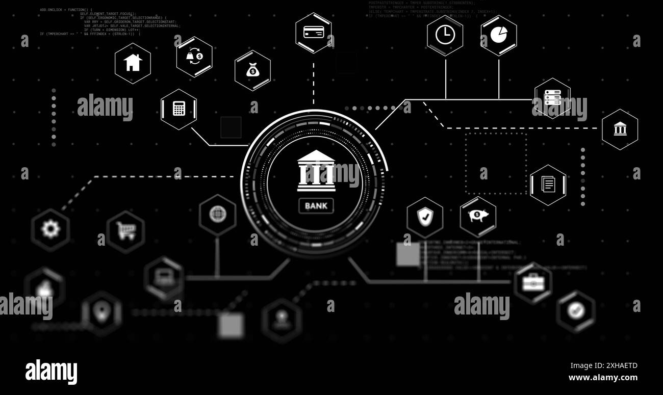 Digital icons representing various financial services connected to ...