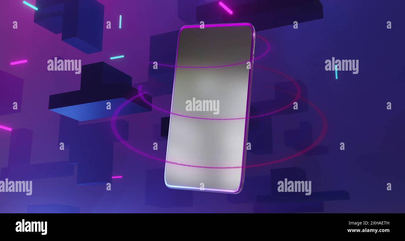 Futuristic smartphone with neon lights and abstract shapes for digital ...