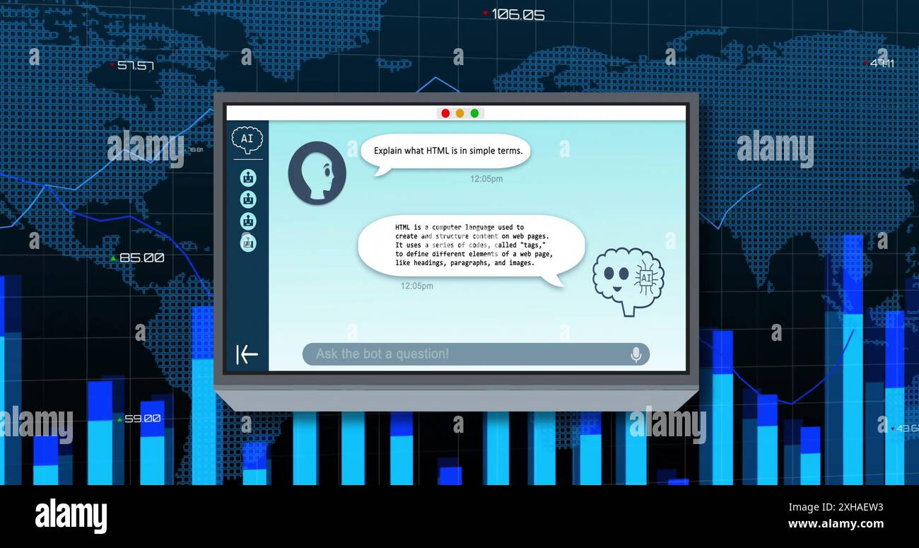 Chatbot explaining HTML on digital screen with world map and data ...