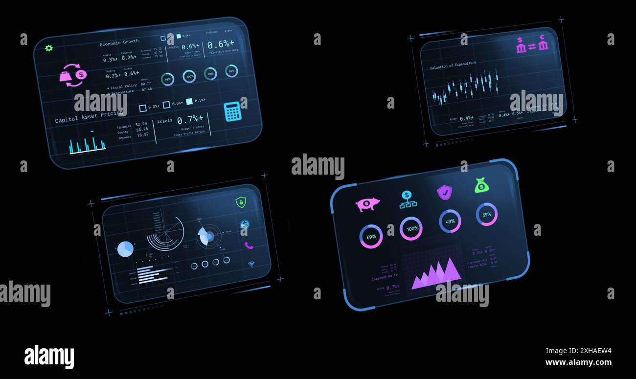 Digital financial dashboards displaying data analytics and growth metrics on screens. finance ...