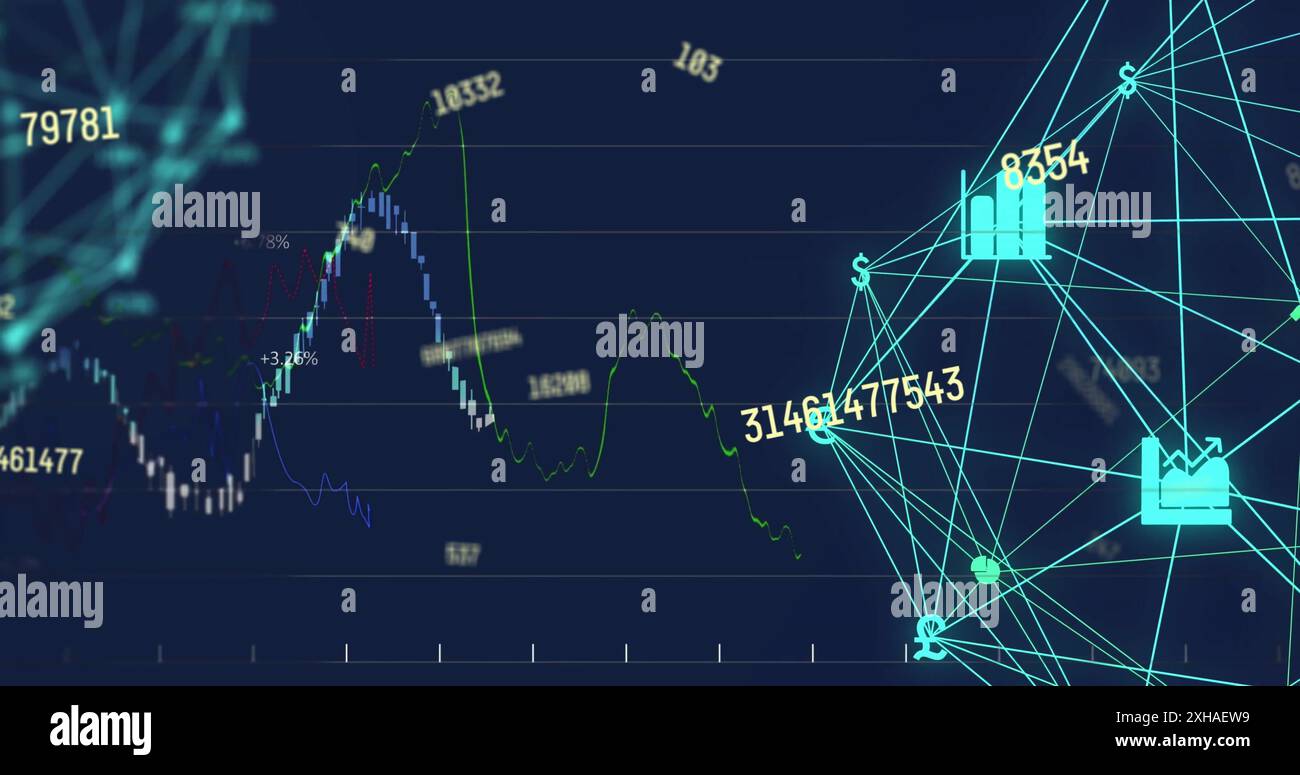 Analyzing financial data, digital graphs and numbers on futuristic ...