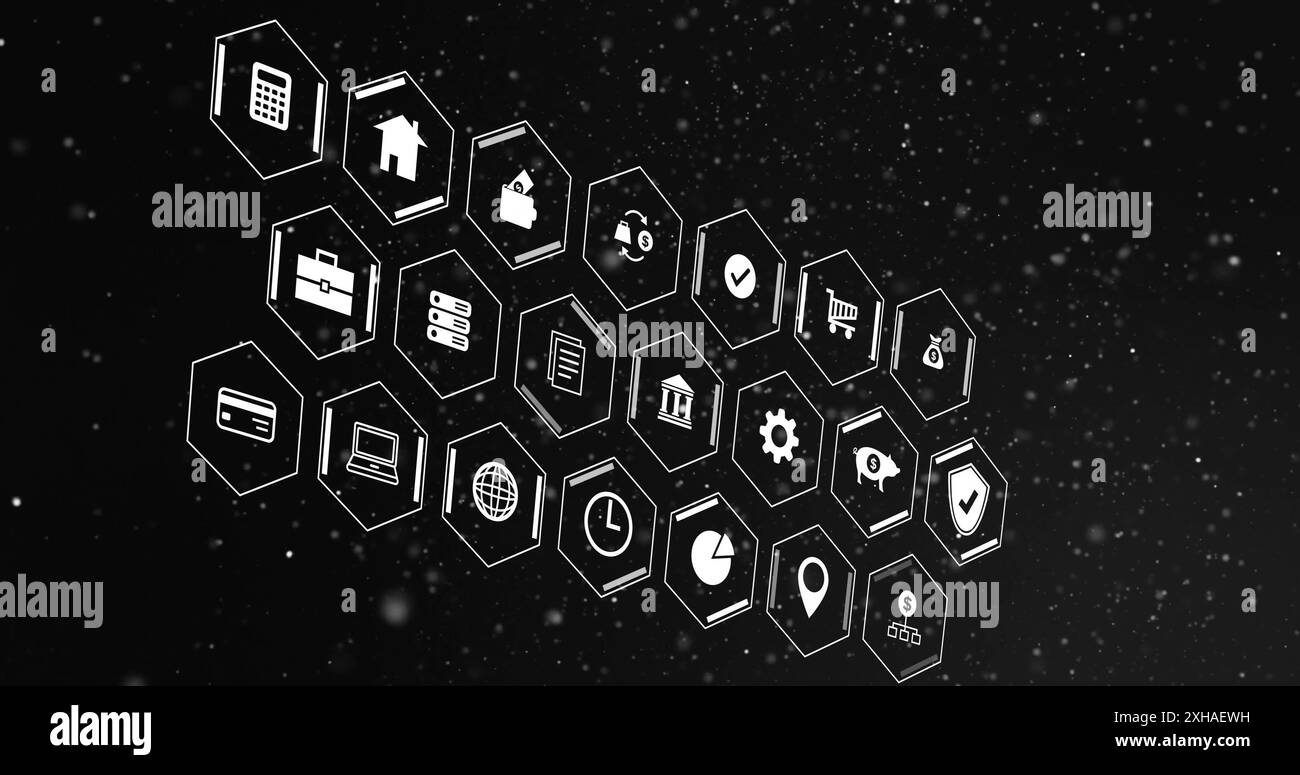 Digital finance icons on black background representing various ...