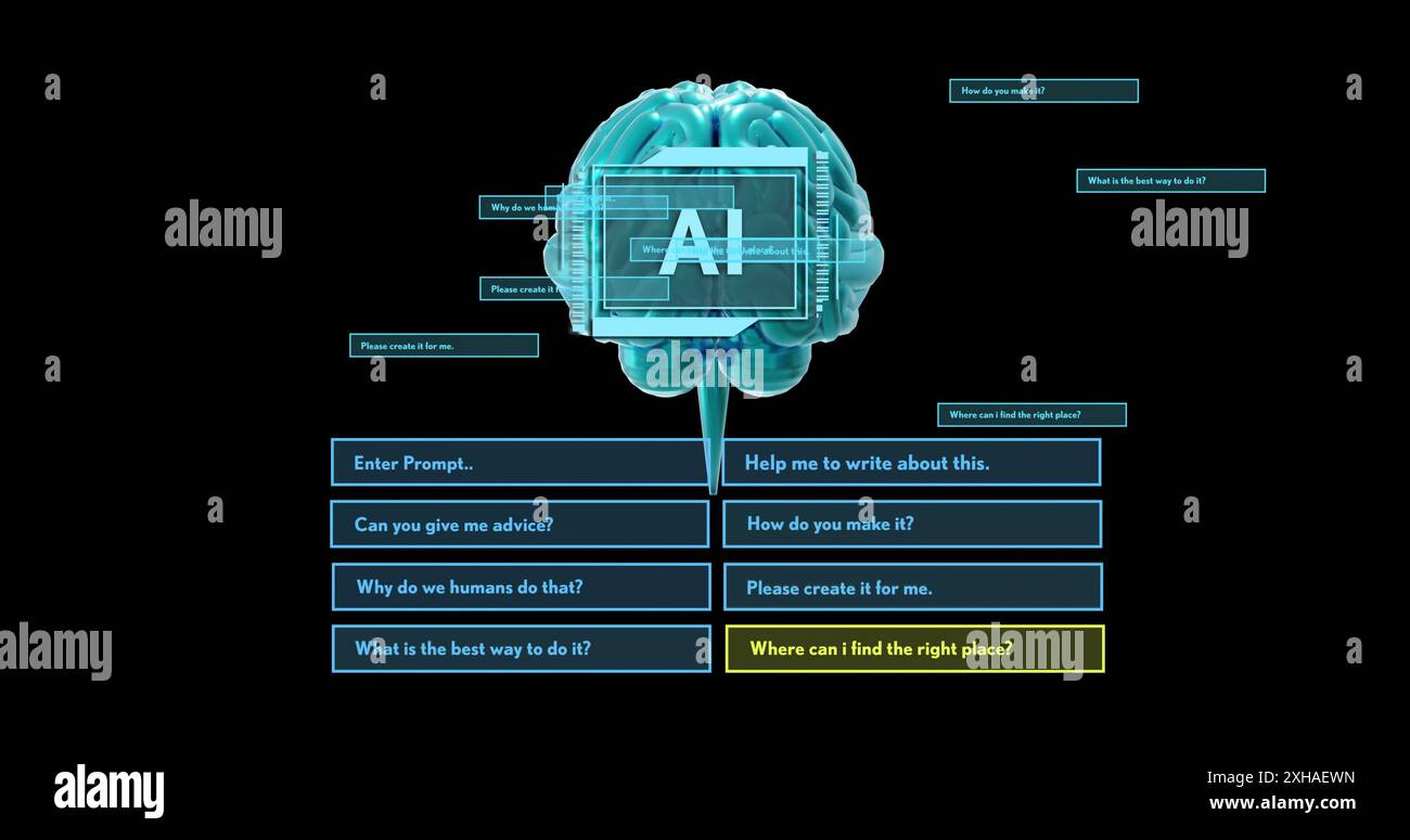 Artificial intelligence brain with prompts and questions about AI ...