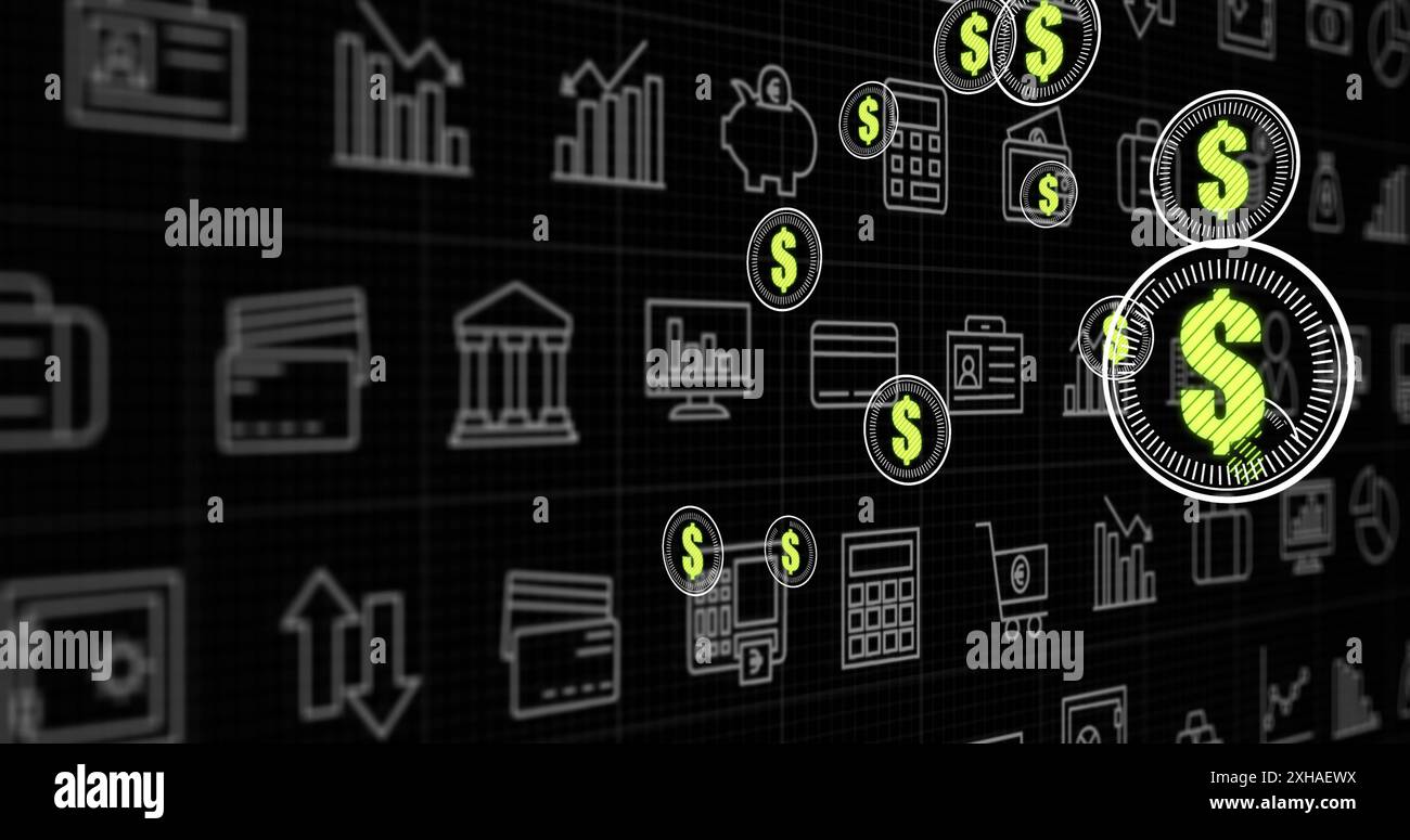 Floating digital dollar signs over financial icons, representing online ...