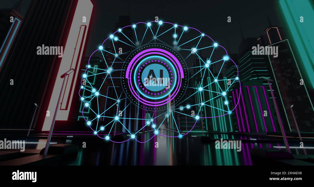 Glowing AI neural network in neon cityscape representing artificial intelligence technology ...