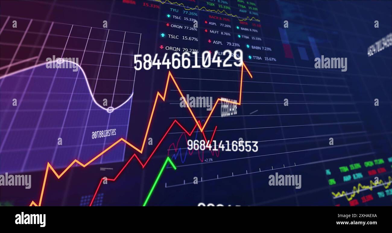 Analyzing financial data, stock market charts and graphs with numbers ...