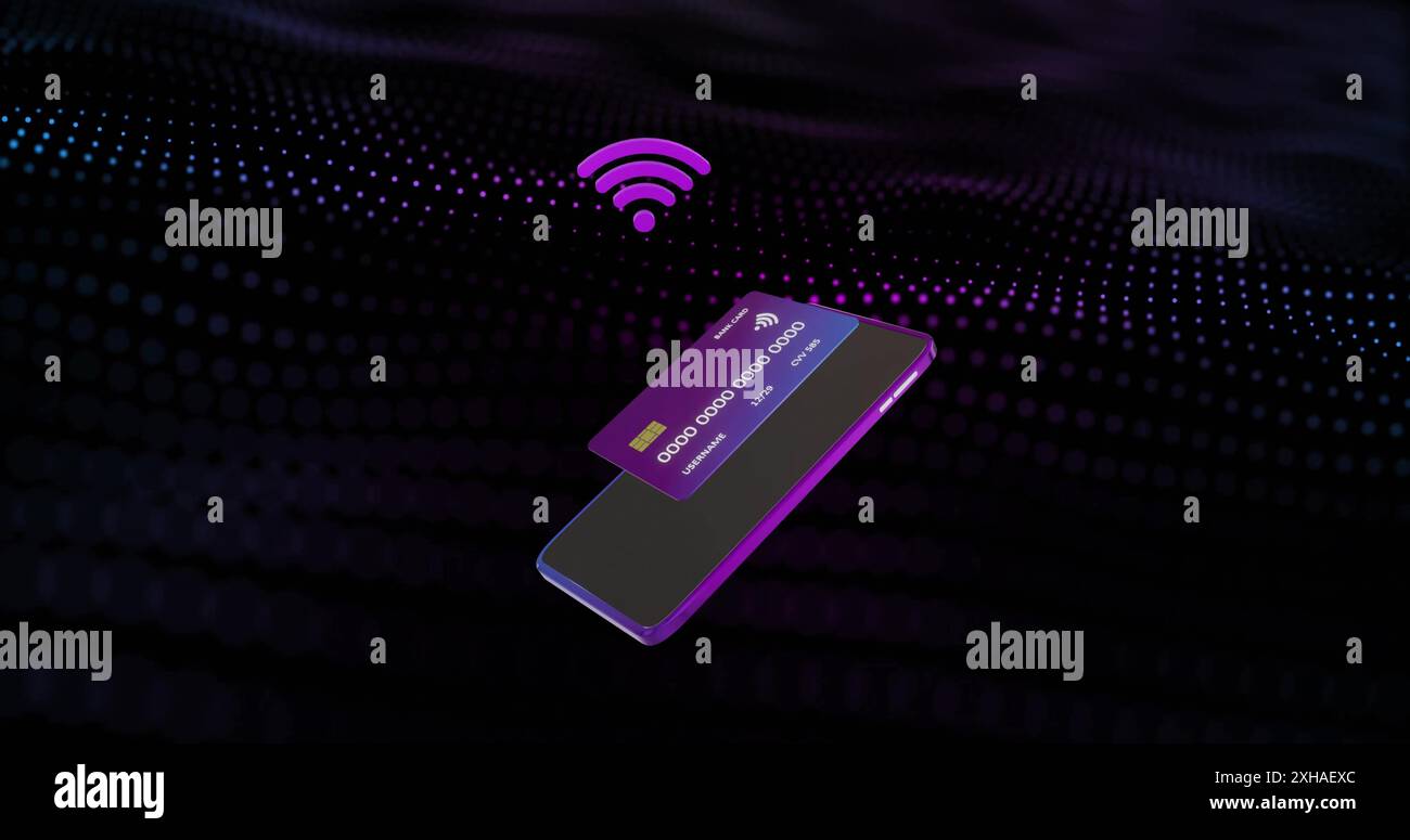 Contactless payment, credit card tapping on smartphone with Wi-Fi ...