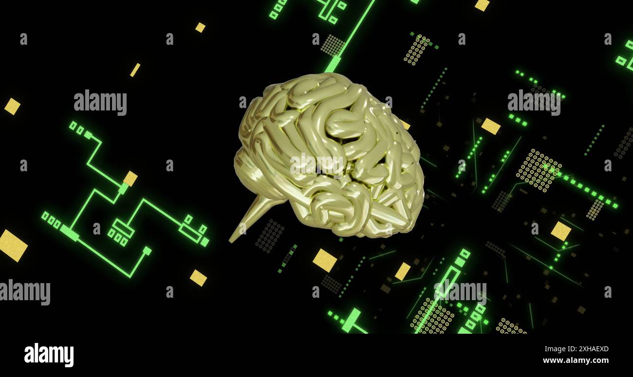 Digital brain surrounded by circuits, representing artificial intelligence technology ...
