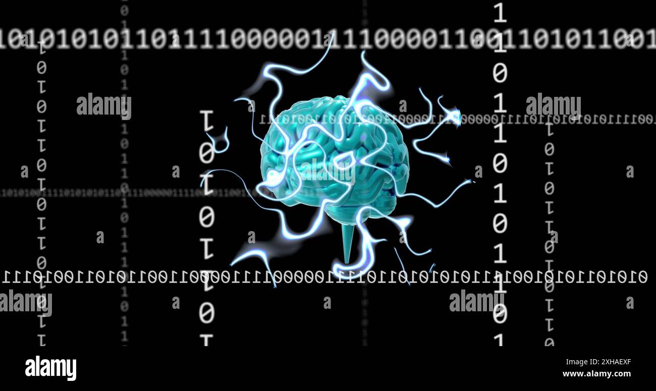 Digital brain surrounded by binary code, representing artificial intelligence technology. data ...
