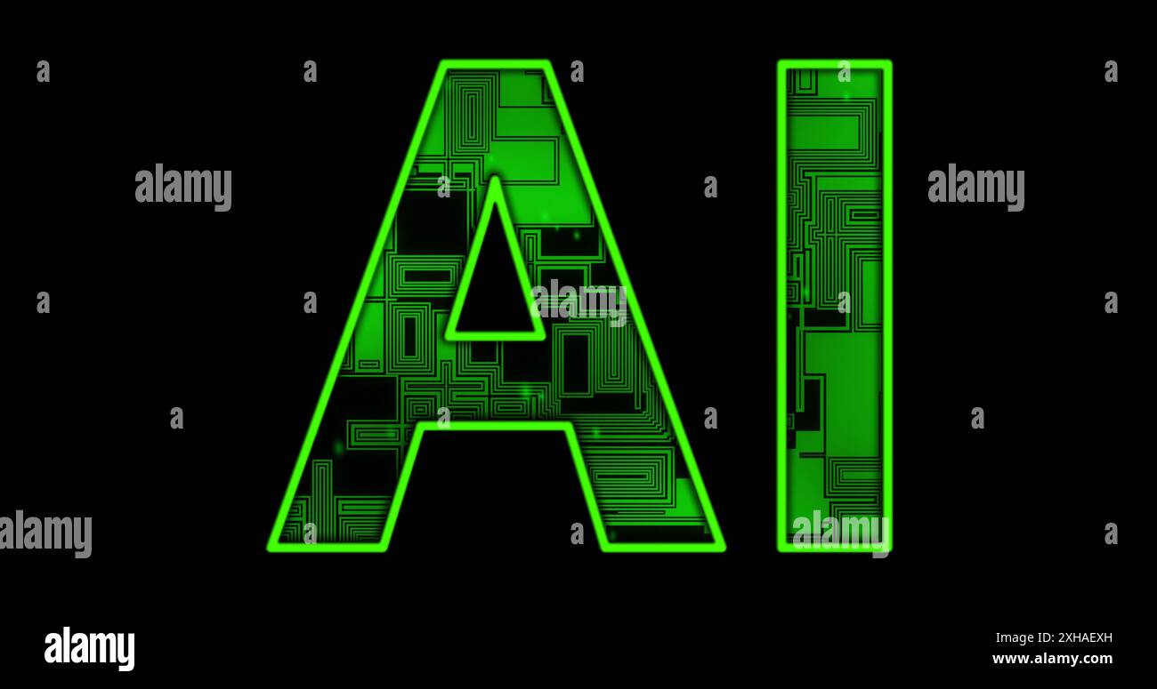 Forming AI letters, green circuit board pattern representing artificial ...