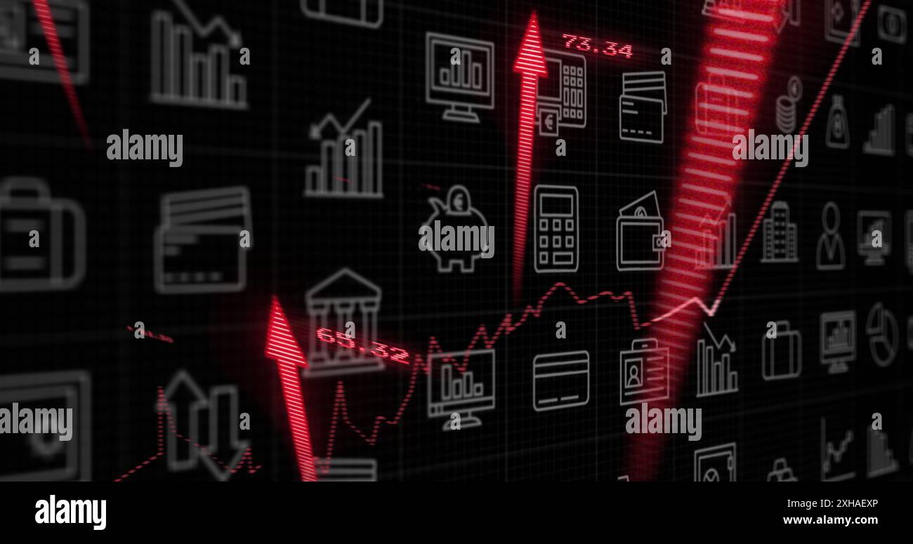 Financial icons and red stock market graph showing economic trends and ...